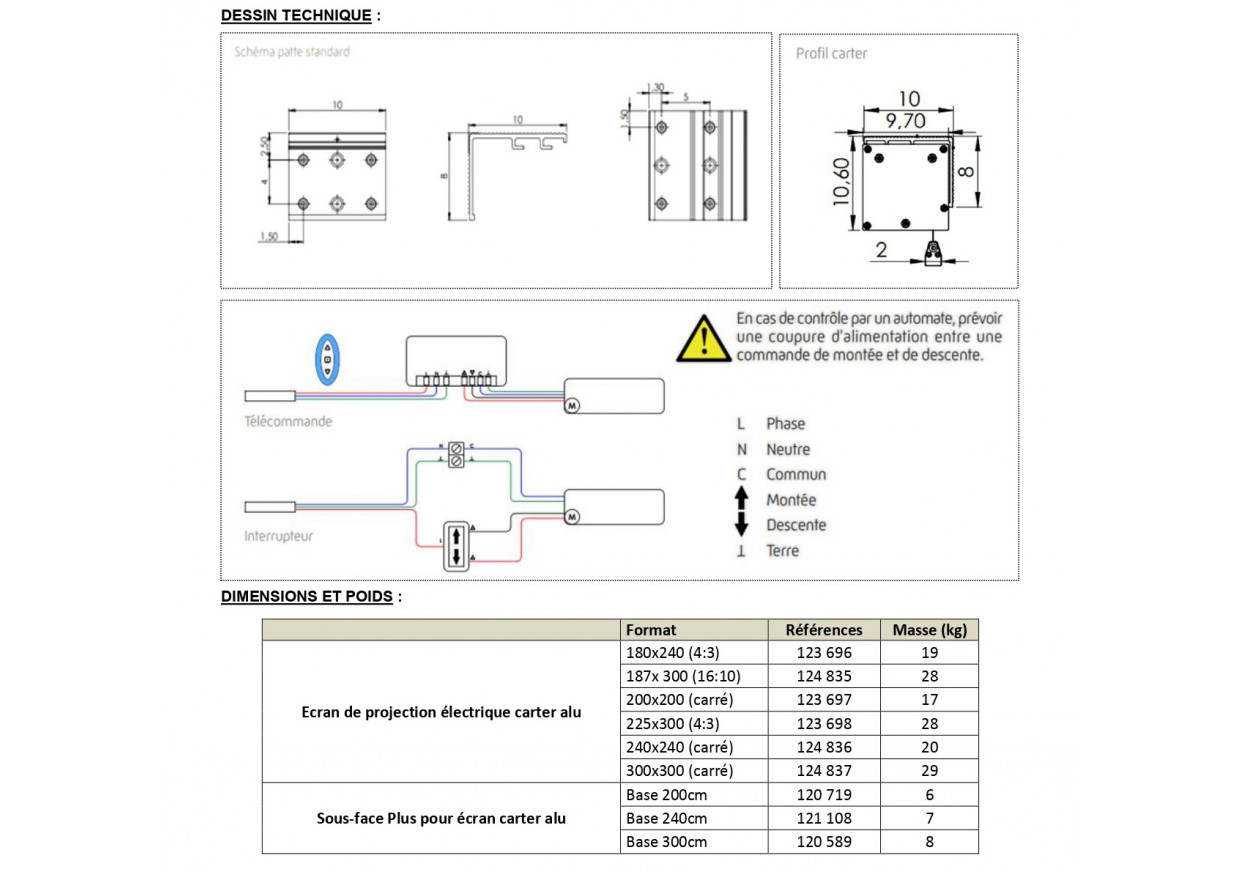 Ecran de projection à commande électrique carter aluminium
